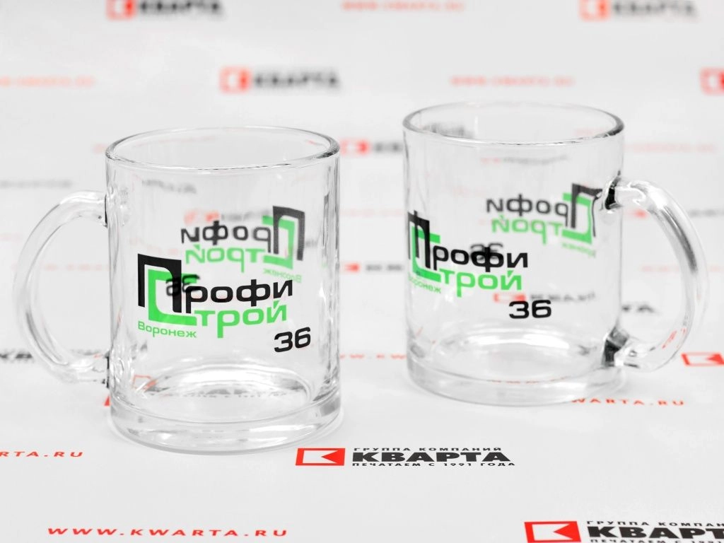 Прозрачные стеклянные кружки с сублимационной печатью для "ПрофиСтрой"